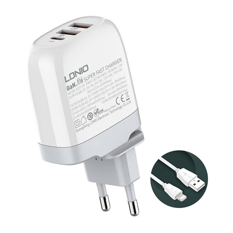 Kucni punjac LDNIO A3511Q PD, QC4+, QC3.0, PPS, 65W USB na Lightning