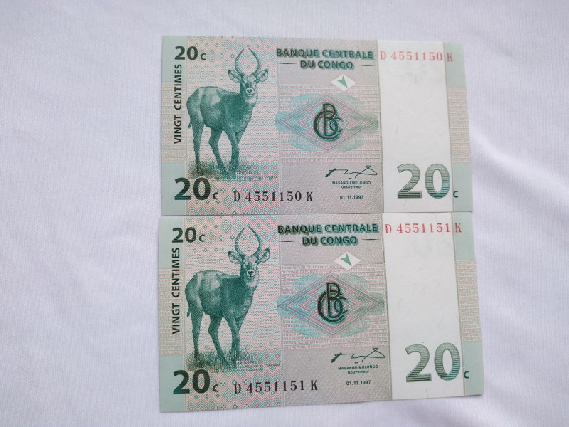 Kongo 20 centimes,1997 god.UNC,vezani brojevi