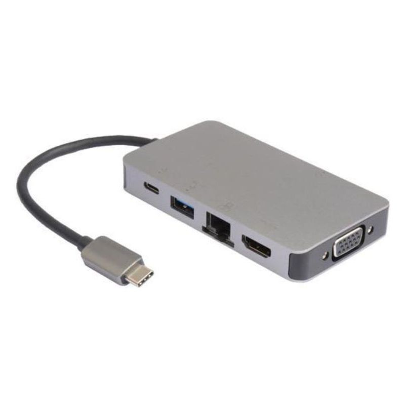 E-green Adapter USB 3.1 tip C (M) – HDMI + VGA + 2xUSB 3.0 + RJ45 + tip C (F) beli