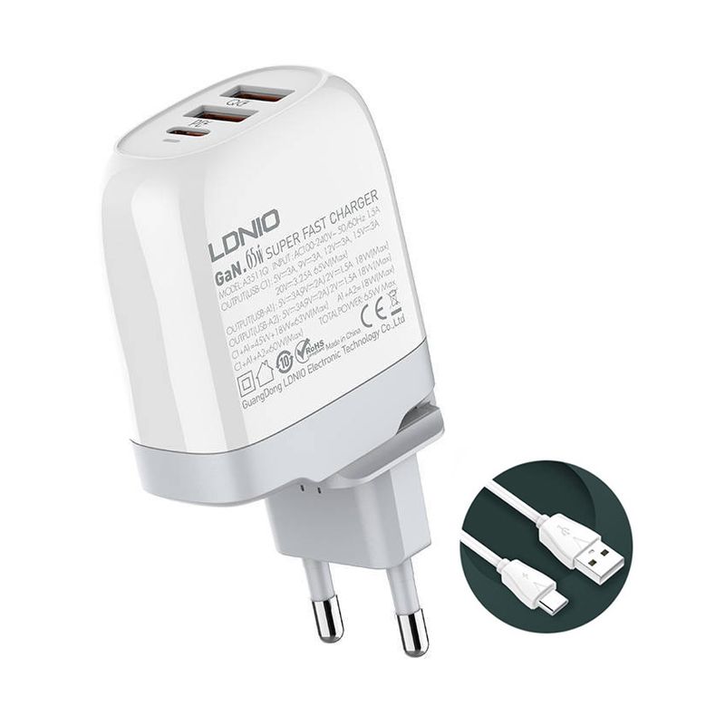 Kucni punjac LDNIO A3511Q PD, QC4+, QC3.0, PPS, 65W USB na Type C