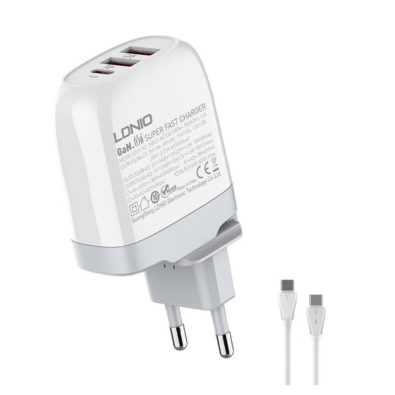 Kucni punjac LDNIO A3511Q PD, QC4+, QC3.0, PPS, 65W Type C na Type C