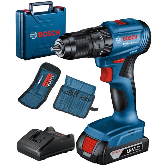 Bosch GSB 185-LI 18V 2.0 Ah + 23 delni set pribora u koferu aku vibraciona busilica odvrtac