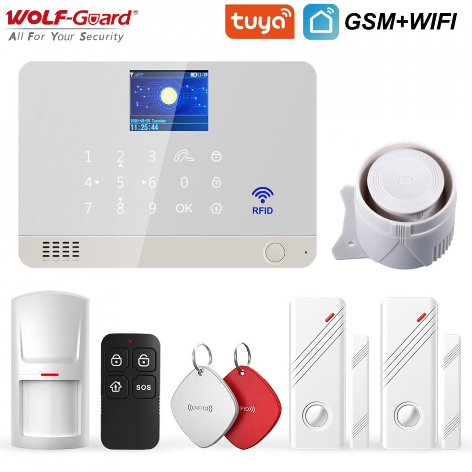 Bežični alarm, GSM plus WiFi dojava, Wolf Guard YL-007M3GB jedan PIR senzor baterija 2xAA plus jedan magnetni senzor