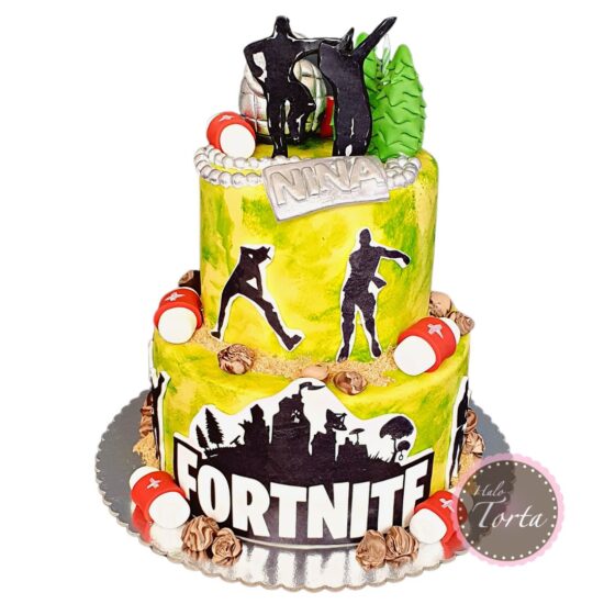 Zeleno žuta spratna Fortnite torta sa siluetama