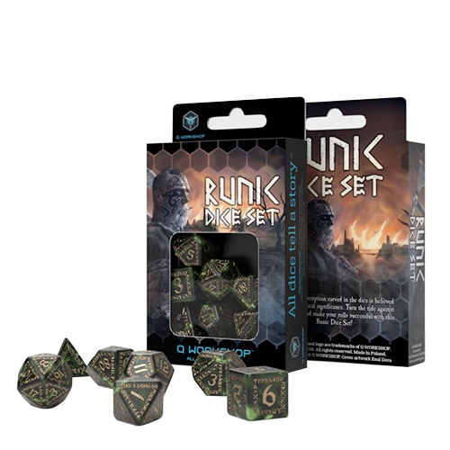 RUNIC BOTTLE-GREEN AND GOLD DICE SET