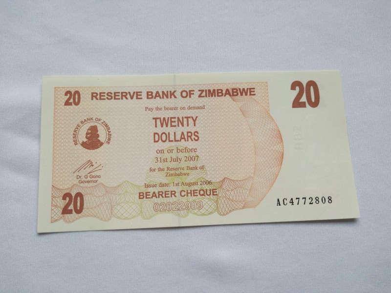 Zimbabve 20 dolara,2007 god.UNC