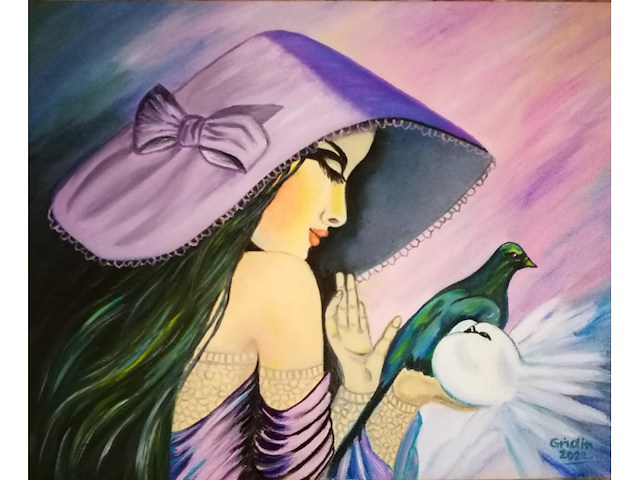 Devojka sa golubovima, ulje na platnu, 24*30 cm