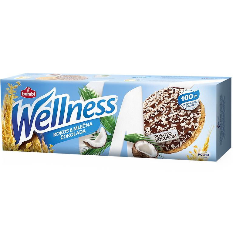 Wellness keks integralni sa kokosom preliven mlečnom čokoladom 165g wellness