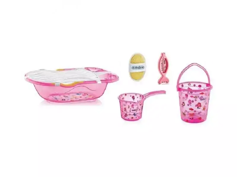 BABYJEM SET ZA KUPANJE 6 DELOVA PINK (KADICA, PODLOGA, TERMOMETAR, SUNĐER, BOKAL, KOFICA)