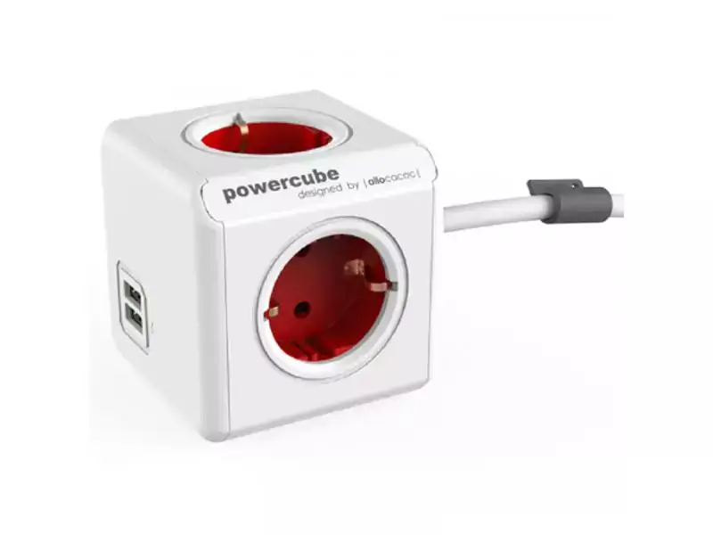 ALLOCACOC POWERCUBE EXTENDED USB 4XSCHUKO + DUAL USB, KABL DUŽ.1,5M, CRVENA