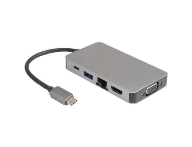 E-Green (OST05596) adapter tip C (muški) na RJ-45/VGA/HDMI/2x USB A/USB tip C (ženski) srebrni