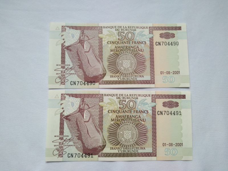 Burundi 50 francs,2001 god.UNC,vezani brojevi