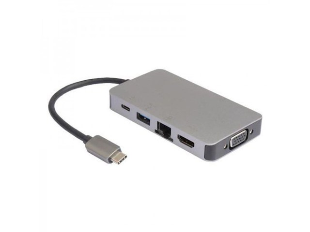E-green Adapter USB 3.1 tip C (M) - HDMI + VGA + 2xUSB 3.0 + RJ45 + tip C (F) beli
