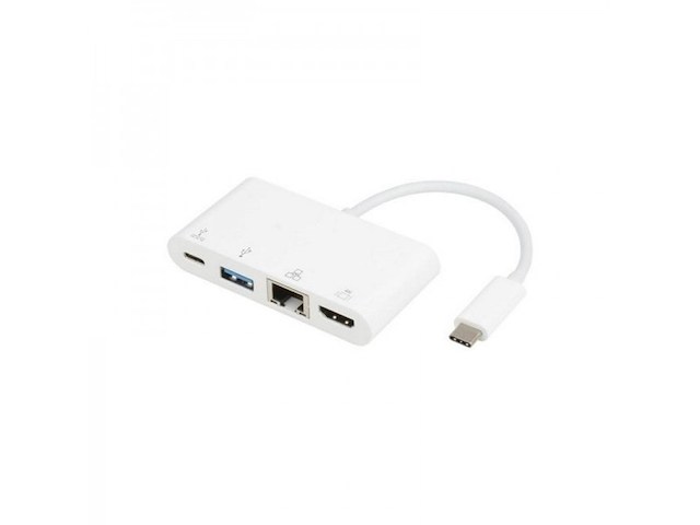 E-green Adapter USB 3.1 tip C (M) - HDMI + USB3.0 + RJ45 + tip C (F) beli