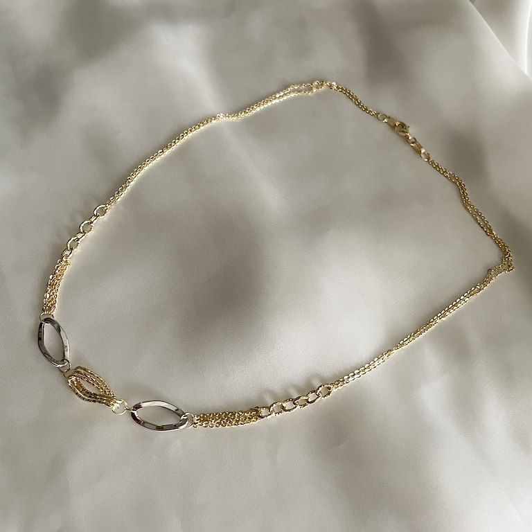 Moderna dupla ogrlica sa detaljima, belo i žuto zlato