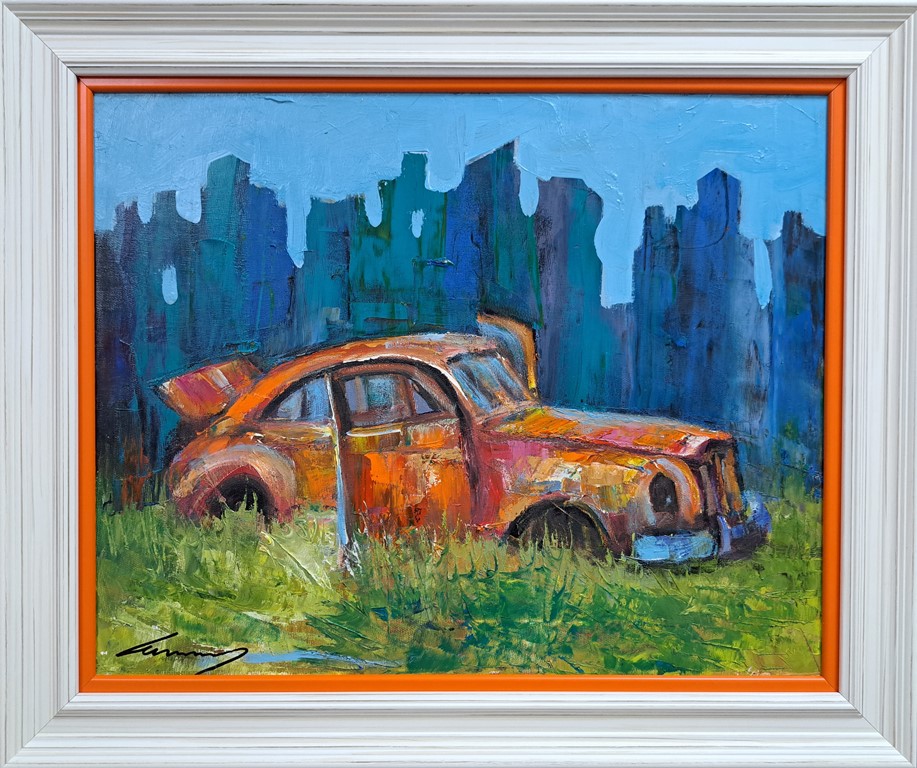 Stari auto II, ulje na platnu, Ivan Vanja Milanovic, sa 53×63 cm, bez 40×50 cm, sertifikat, 130 evra