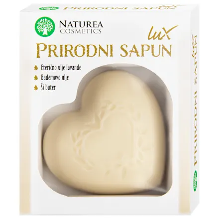 NATUREA COSMETICS
Lux PRIRODNI sapun u obliku srca, eterično ulje lavande, badema i ši puter, 105 g