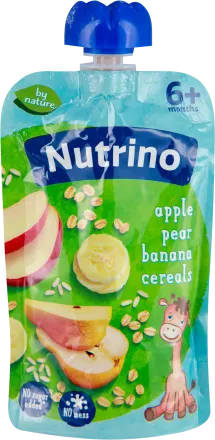 Nutrino
Voćni pire, jabuka, kruška, banana sa žitaricama, od 6. meseca, 100 g
Prelazna hrana