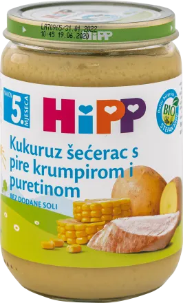 HIPP
ORGANIC kašica za bebe - kukuruz šećerac sa pire krompirom i ćuretinom, od 5. meseca, 190 g