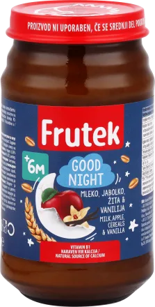 Frutek
GOOD NIGHT mlečna kašica sa jabukom i žitnim pahuljicama, sa ukusom vanile, od 6. meseca, 190 g
Početna hrana za odojčad