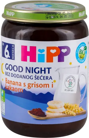 HIPP
Mlečna kašica za laku noć - banana sa grizom i kakaom, od 6. meseca, 190 g
Prelazna hrana