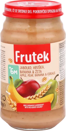 Frutek
Kašica, jabuka, kruška i banana sa pšeničnim i ovsenim pahuljicama, od 6. meseca, 190 g