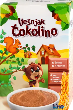 Lino
Lešnik Čokolino, Instant pahuljice od žitarica, čokolade i lešnika, od 1. godine, 200 g