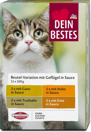 DEIN BESTES
Potpuna hrana za mačke - živinsko meso u sosu, 12x100g, 1.200 g
Kompletna hrana za životinje