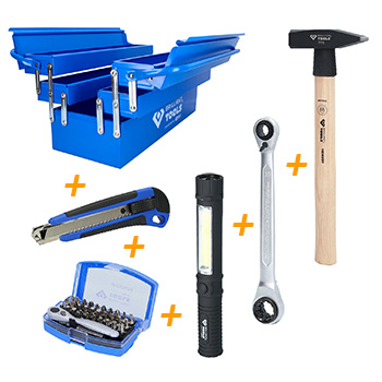 Brilliant Tools akcijski komplet - metalna kutija za alat + set bitova 32kom + 2 u 1 COB LED džepna lampa + brzi okasti ključ + čekić + skalpel BT-150852