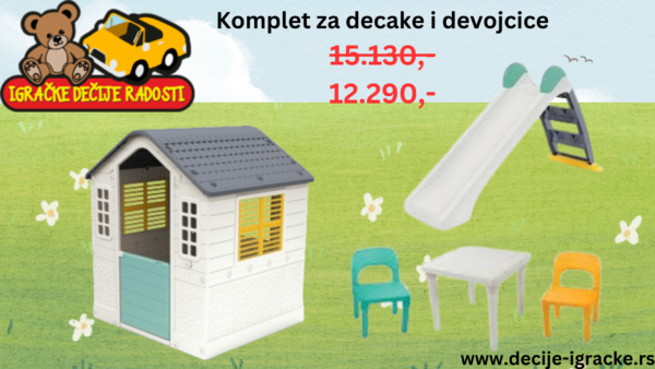 KOMPLET KUCICA + TOBOGAN + STO I STOLICE ZA DECAKE I DEVOJCICE