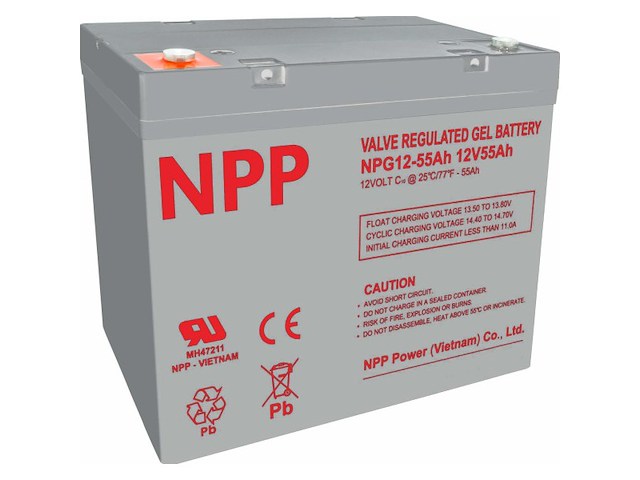 NPP NPG12V-55Ah, GEL BATTERY, C20=55AH, T14, 230*138*208*212, 15KG, Light grey