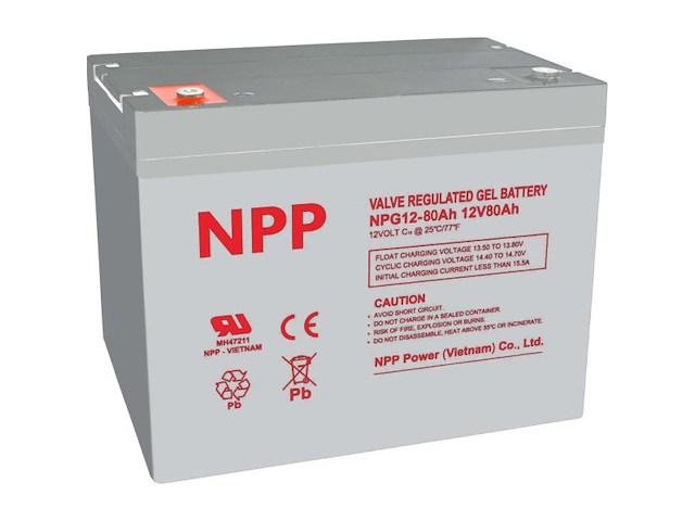 NPP NPG12V-80Ah, GEL BATTERY, C20=80AH, T16, 330x171x214x220, 22,6KG, Light grey