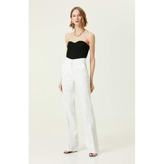 Slim Fit Ecru Crepe Tuxedo Pants