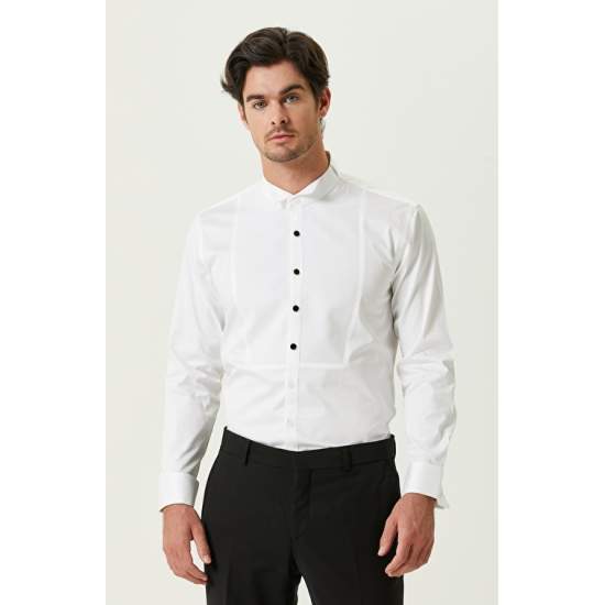 Slim Fit White Satin Tuxedo Shirt