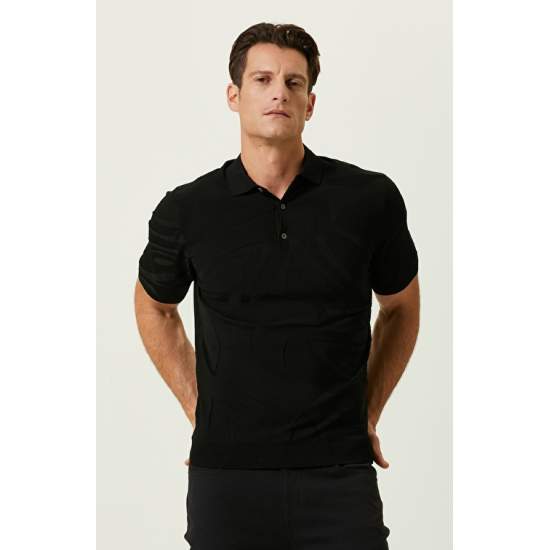 Black Short Sleeve Jacquard Polo Neck Sweater