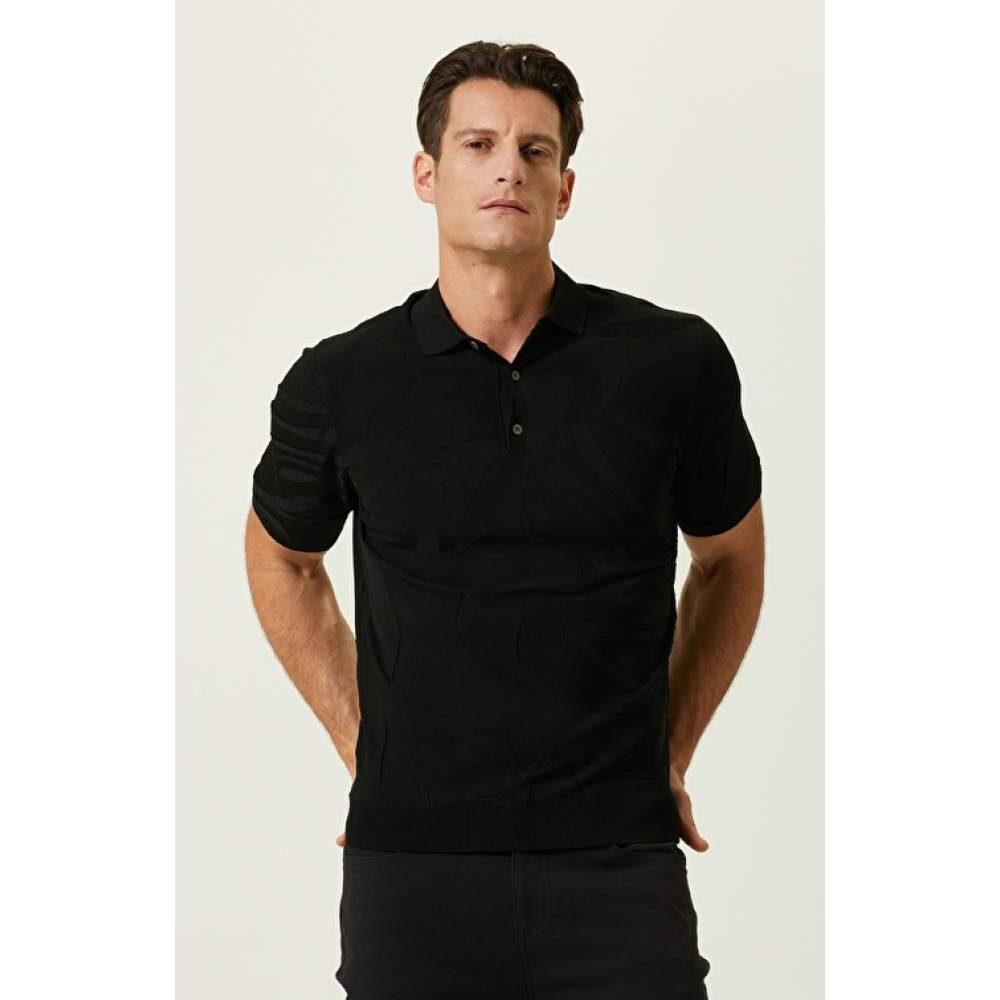 Black Short Sleeve Jacquard Polo Neck Sweater