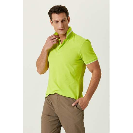 Neon Green Polo Neck Cotton Slim Fit T-Shirt