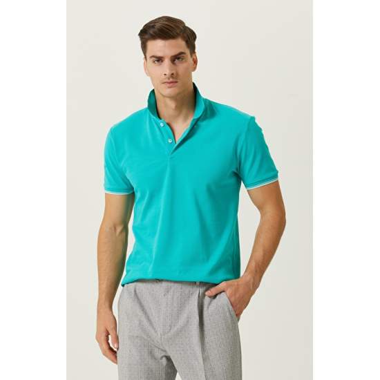 Mint Green Polo Neck Cotton Slim Fit T-Shirt