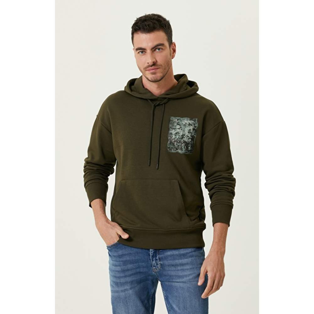 Khaki Hooded Combed Cotton Sweatshirt