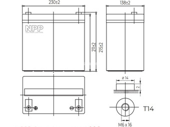 NPP NPG12V-55Ah, GEL BATTERY, C20=55AH, T14, 230*138*208*212, 15KG, Light grey