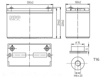 NPP NPG12V-100Ah, GEL BATTERY, C20=100AH, T16, 330x171x214x220, 27,3KG, Light grey