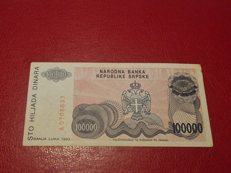 Republika Srpska 100000 Dinara 1993 aUNC