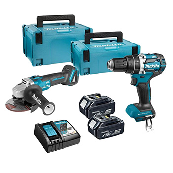 Makita LXT set - akumulatorska udarna bušilica-odvijač DHP484Z + akumulatorska ugaona brusilica DGA504Z + punjač + 2 baterije + 2 Makpac DLX2179TJ1