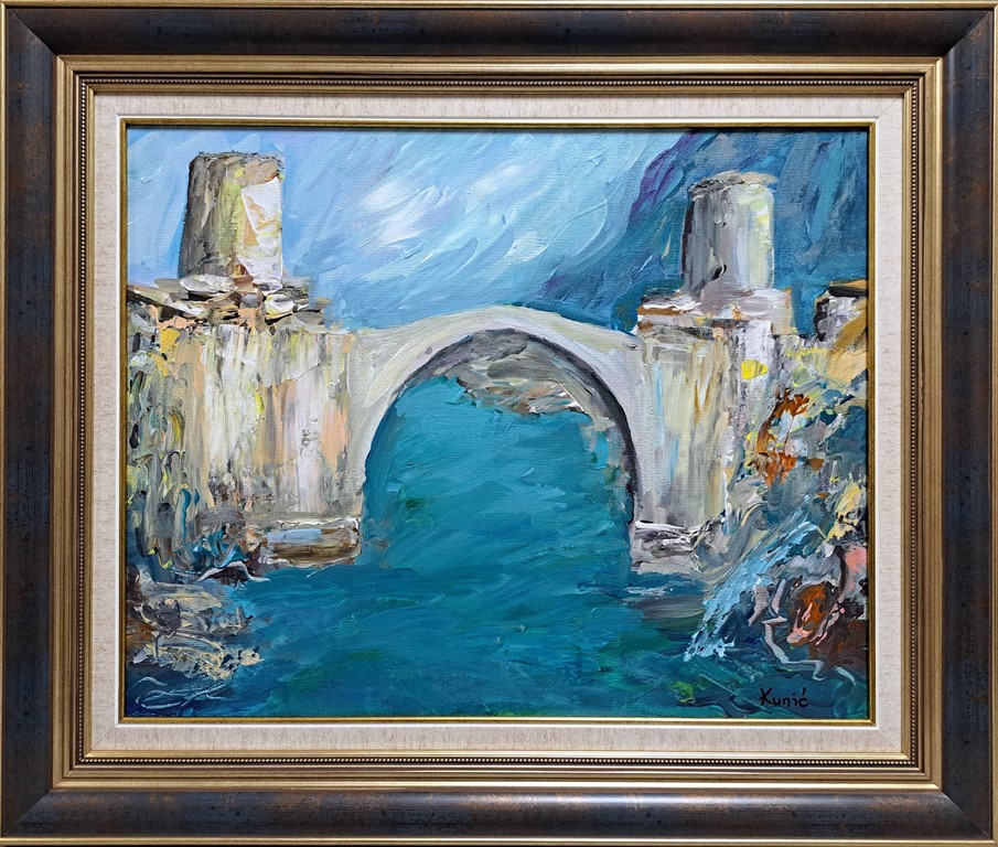 Stari most, ulje na platnu, Dragan Kunić, sertifikat, sa 54×64 cm, lux ram, bez 40×50 cm, 220 eura