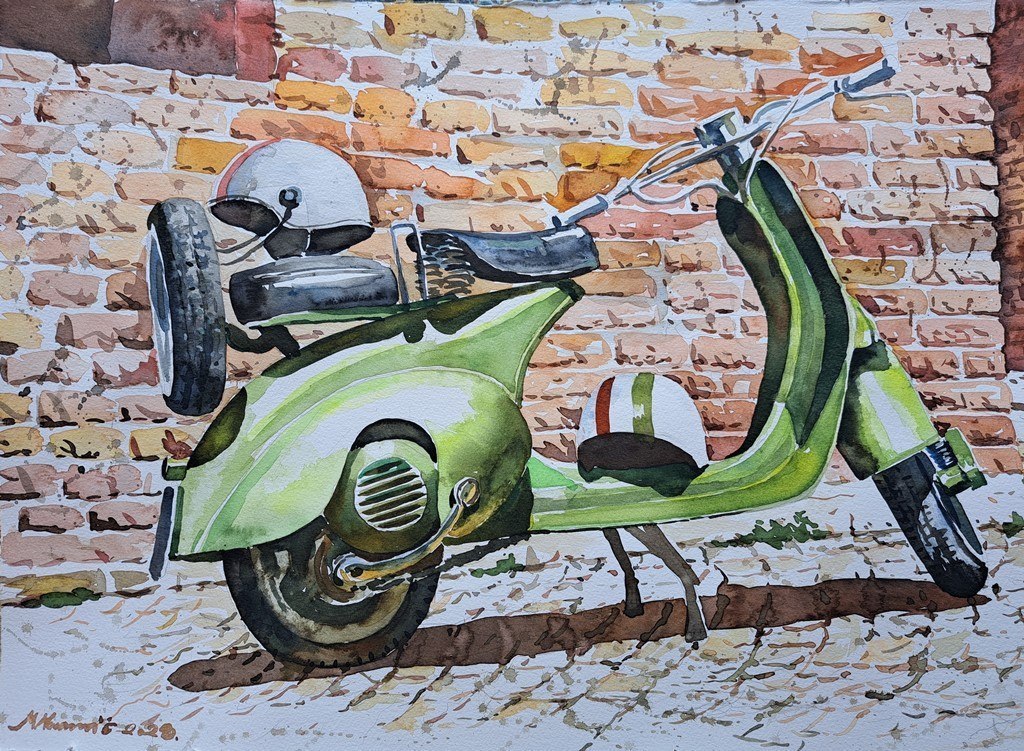 Vespa, Momo Macanović, akvarel, 38×56 cm, sertifikat, 2023., 200 eura