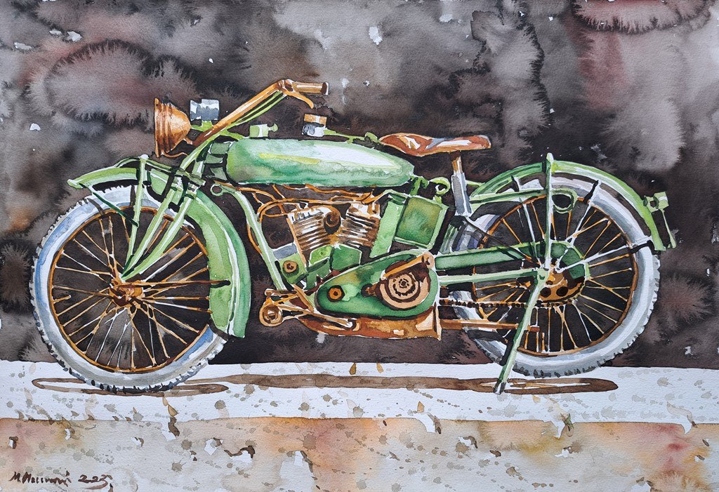 Motor, Momo Macanović, akvarel, 38×56 cm, sertifikat, 2023., 200 eura