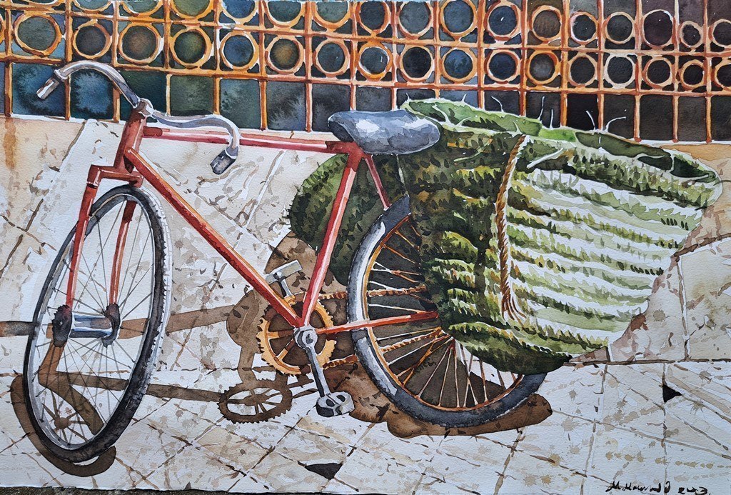 Bicikl, Momo Macanović, akvarel, 38×56 cm, sertifikat, 2023., 200 eura