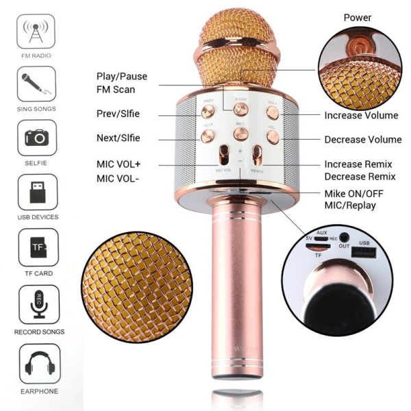Mikrofon karaoke+ zvucnik (WS-858) BTS16/02 roze zlatna