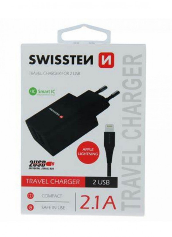 PUNJAC ZA MOBILNI 2XUSB 2.1A+KABL LIGHTING 1,2M CRNA SWISSTEN