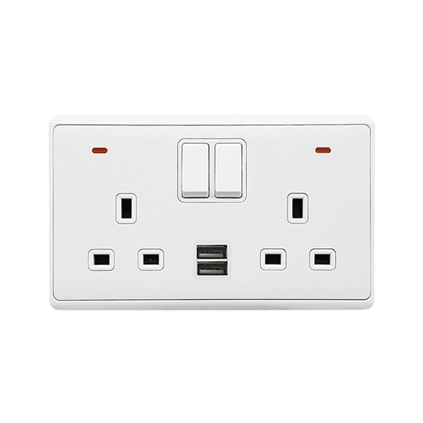 LONDON 2P DOUBLE SOCKET 2P SWITCH NEON+USB WH